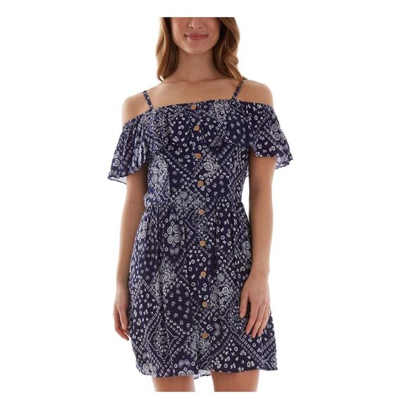 BCX | Dresses | Bcx Dress Womens Navy Button Flutter Sleeve Square Neck ...